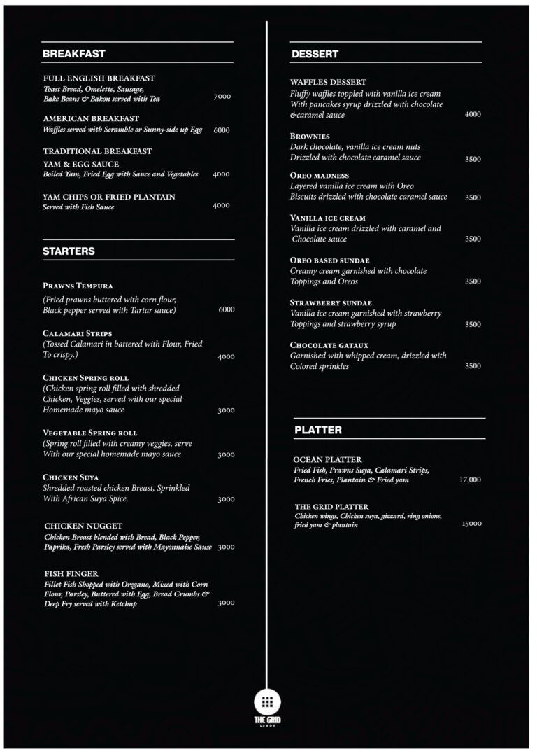 Menu - The Grid Restaurant Menu